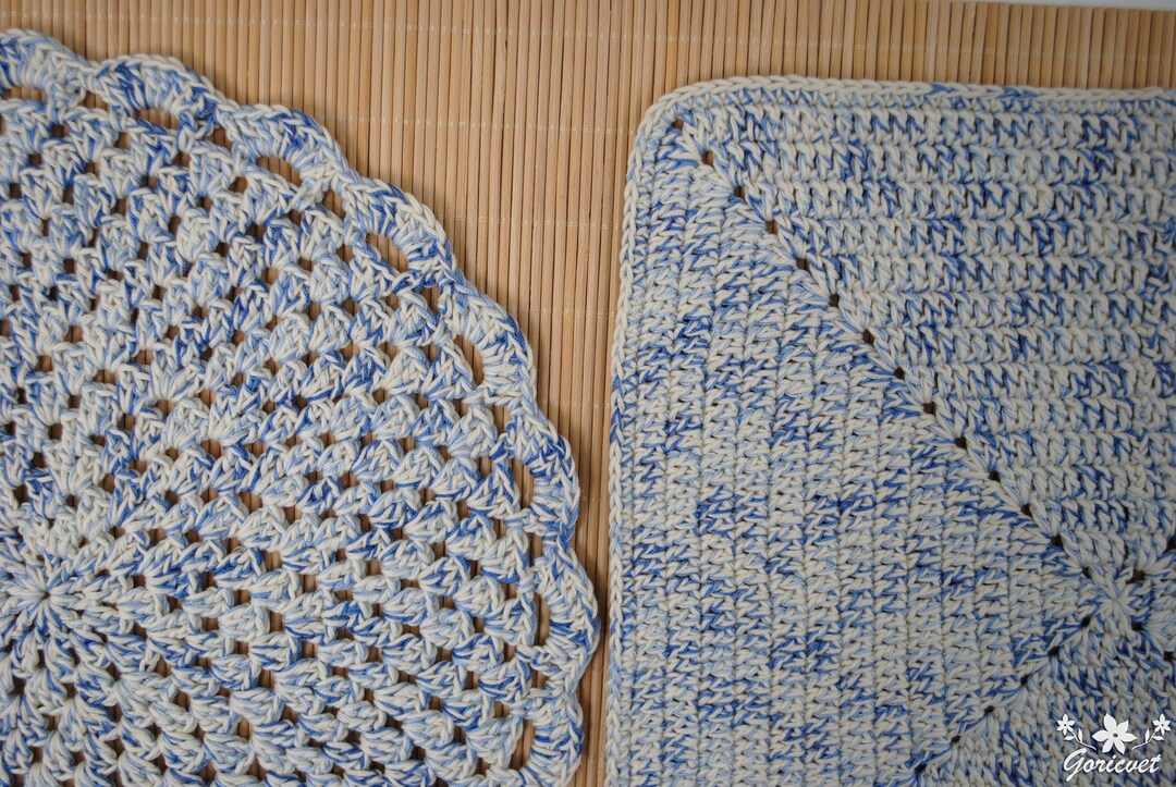 Chunky Crochet Doily Two Tone Round, Square Knit Serving Napkins Blue ...