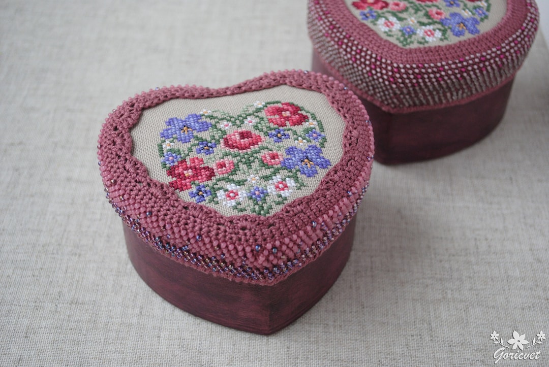 Floral Heart Embroidered Box Alder Wood Box for Jewelry Love Keepsake ...