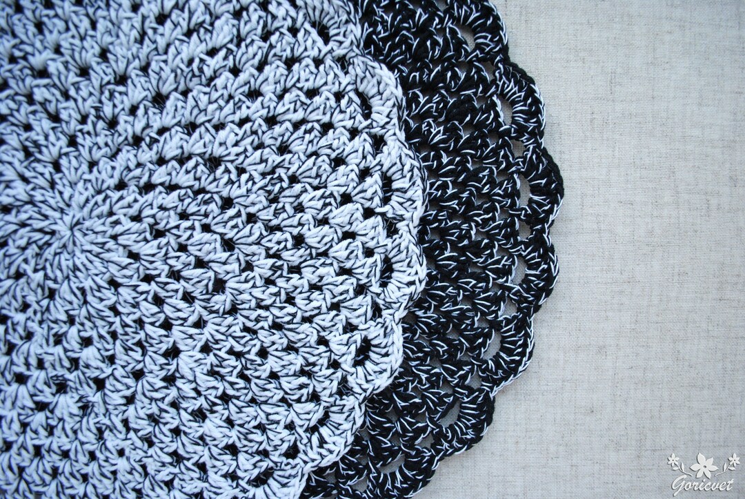 Chunky Crochet Doily Two Color Round Knit Serving Napkins Black White ...