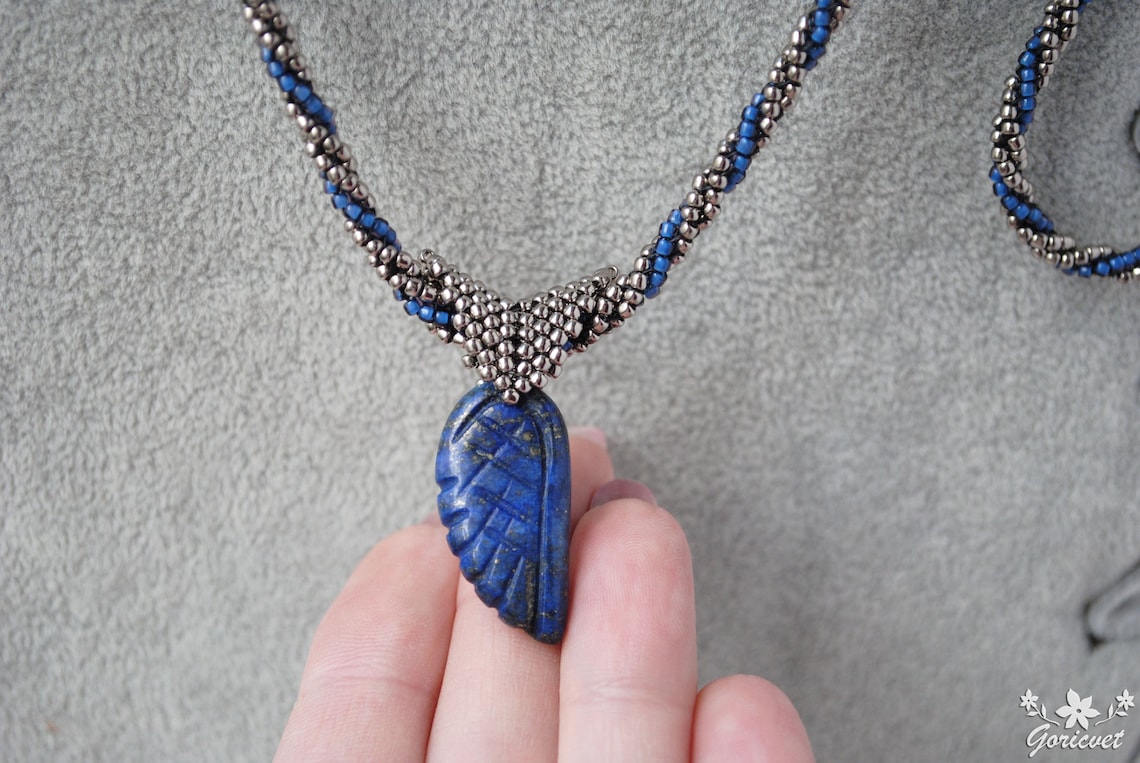 Lapis Lazuli Angel Wing Pendant: Beaded Boho Necklace, Energy Stone - Etsy