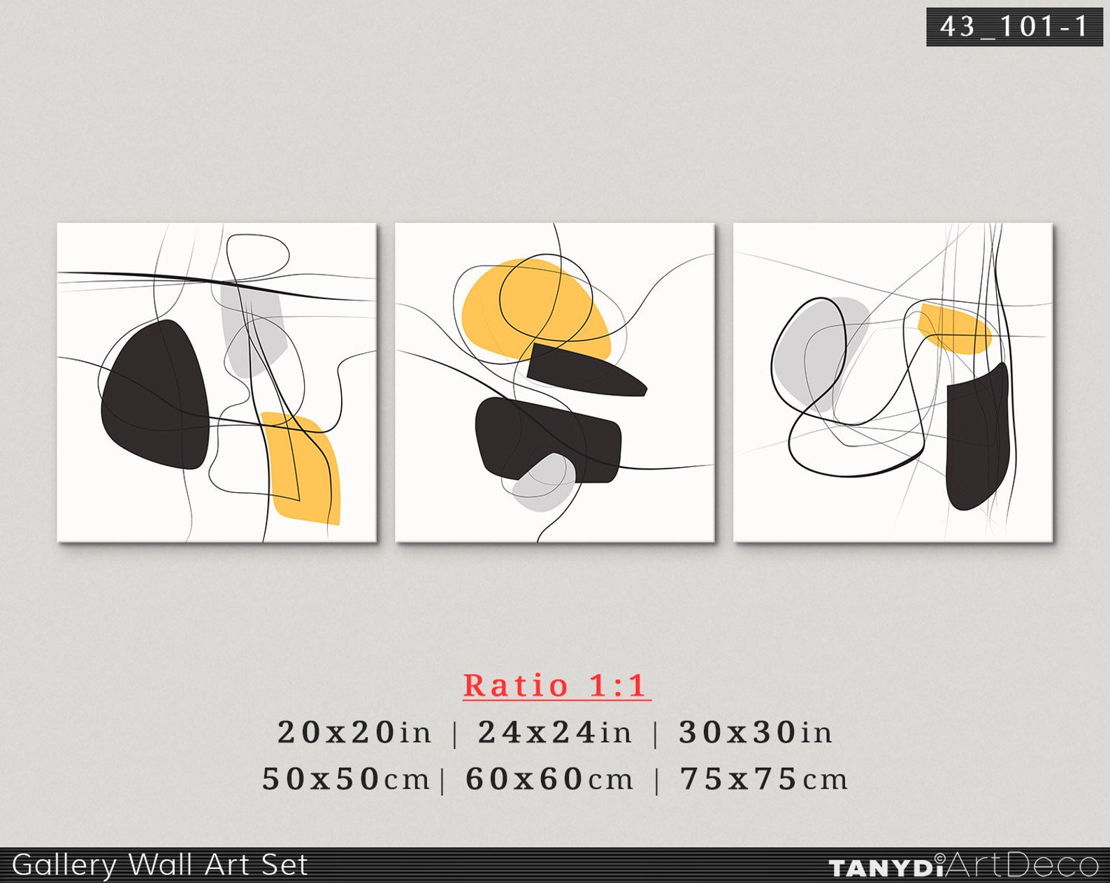 3 Pieces Poster Set 1-1 Yellow Grey & Black Mid-century - Etsy