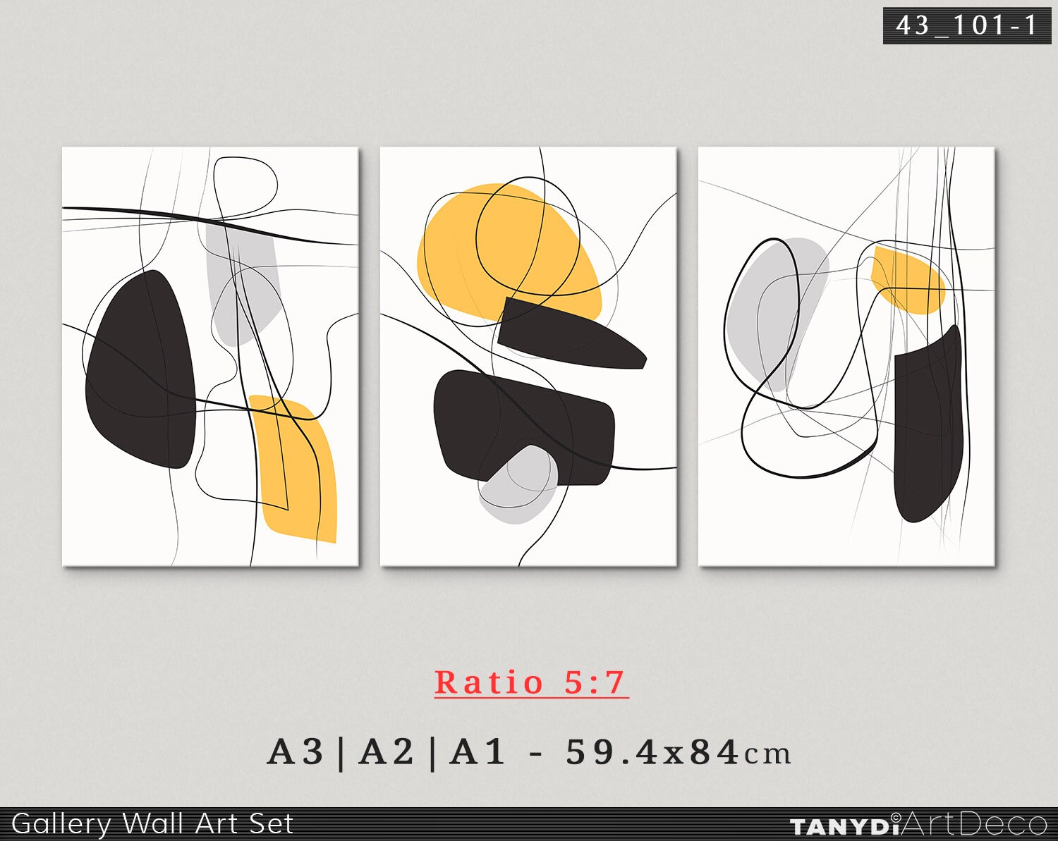 3 Pieces Poster Set 1-1 Yellow Grey & Black Mid-century - Etsy