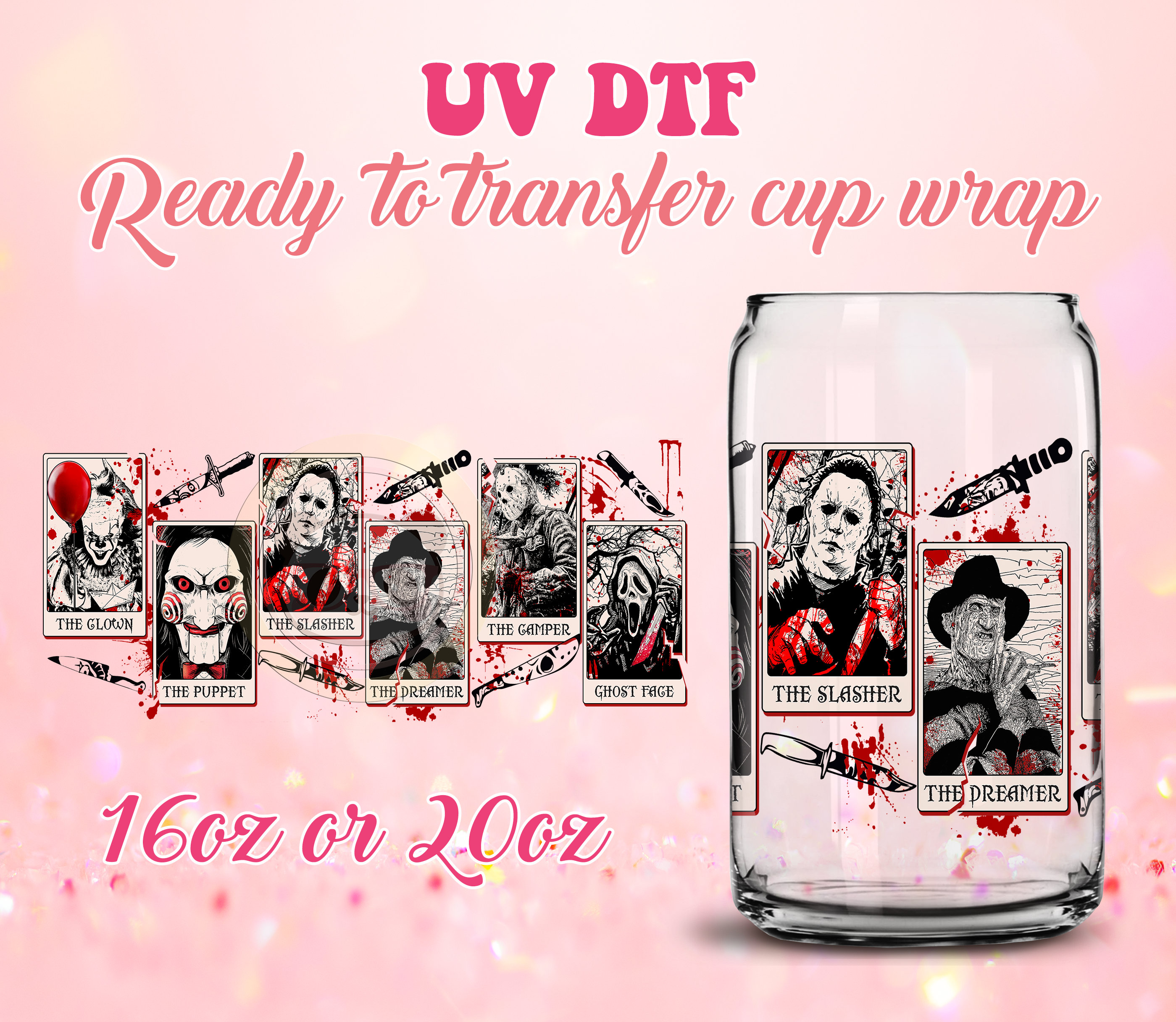 UV DTF Cup Wrap - Ready to Transfer Halloween - Horror Figures Design ...