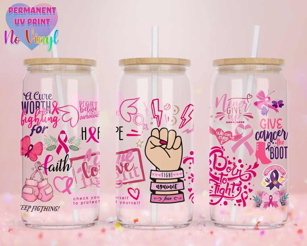 UV Printed Glass Cup 16oz - Cancer Awareness Design - Clear or Frosted ...