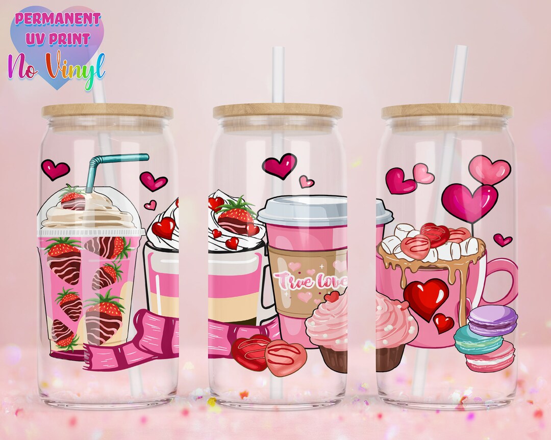 UV Printed Glass Cup 16oz - Lovely Pink Cups Design - Clear or Frosted ...