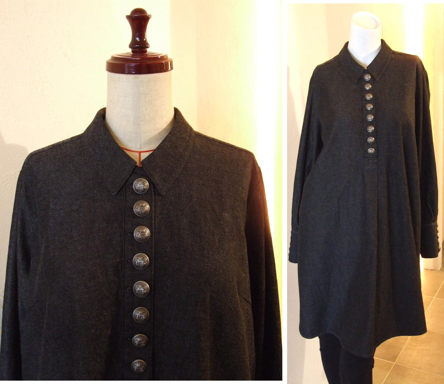 Black Denim Chambray Military Buttons Half Placket Tuck-front - Etsy