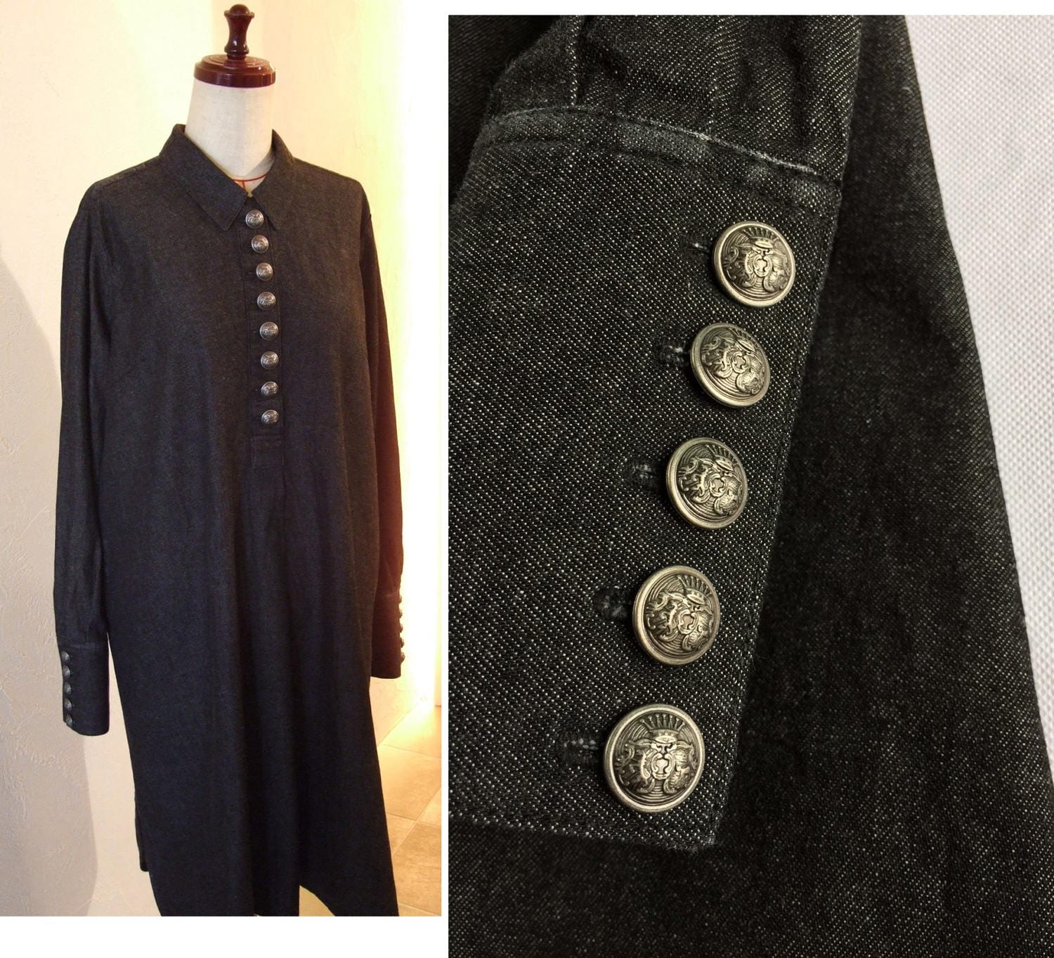 Black Denim Chambray Military Buttons Half Placket Tuck-front - Etsy