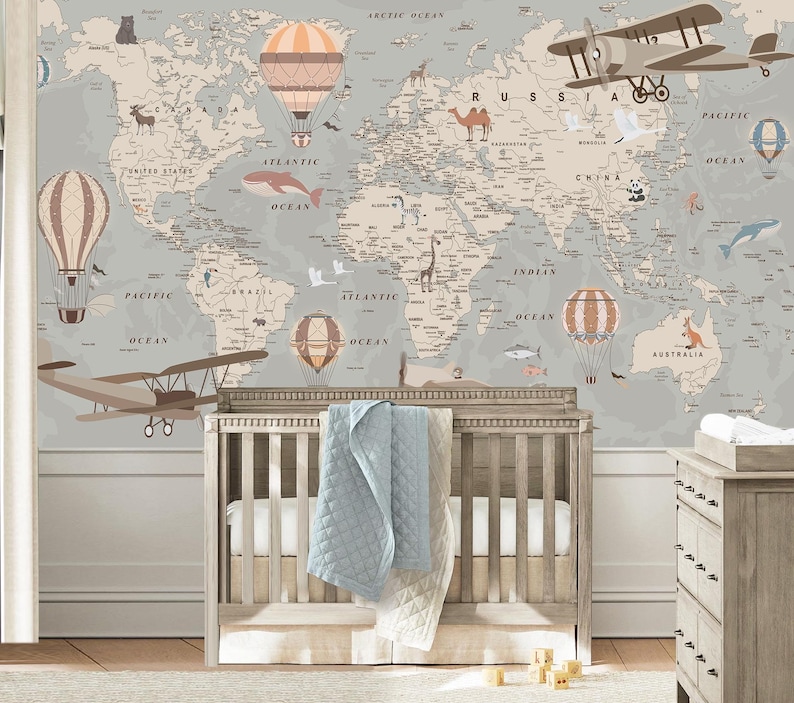 Custom Kids World Map Wallpaper Mural: Hot Air Balloon Animals, Peel ...