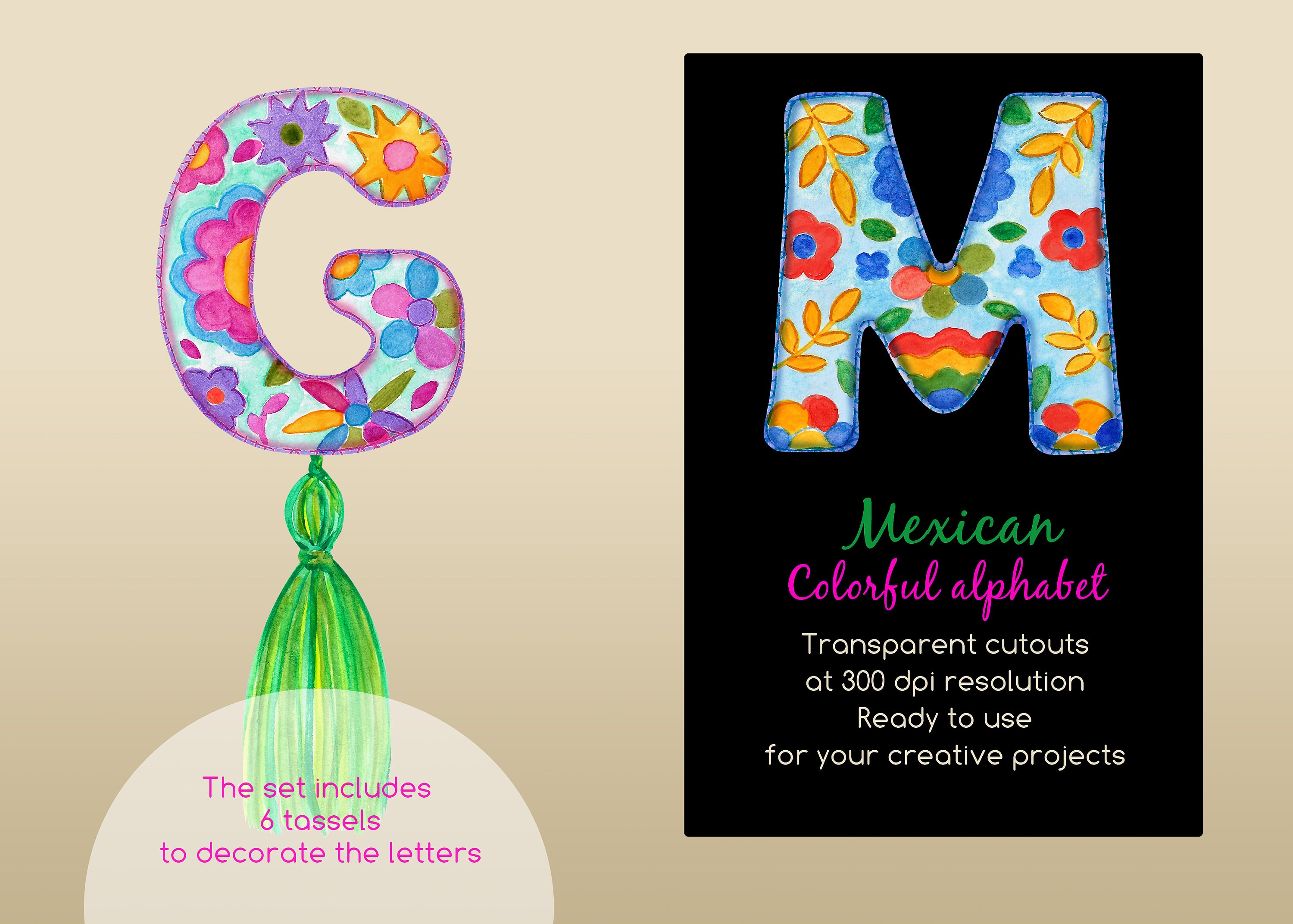 Watercolor Mexican Alphabet - Digital Embroidered Letters - PNG Files ...