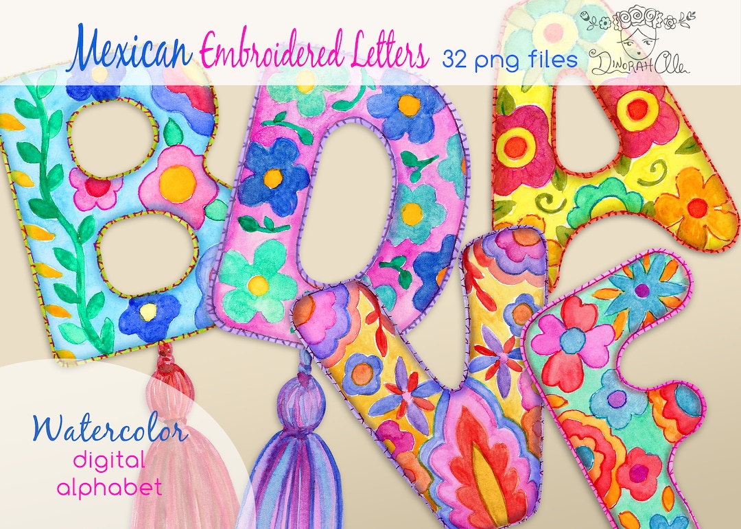 Watercolor Mexican Alphabet - Digital Embroidered Letters - PNG Files ...