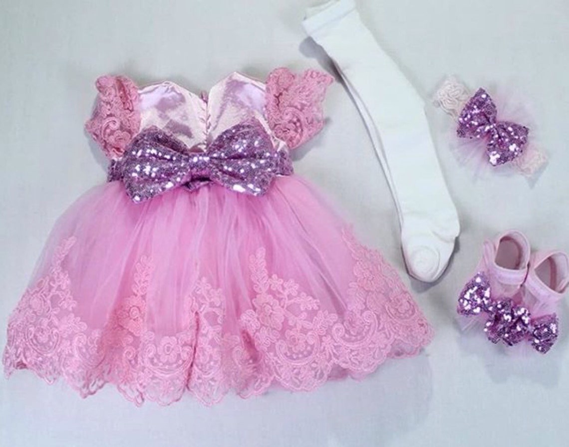 Pink Lace Dedication Gown, Baptism Dress for Baby Girl, Newborn Girl ...