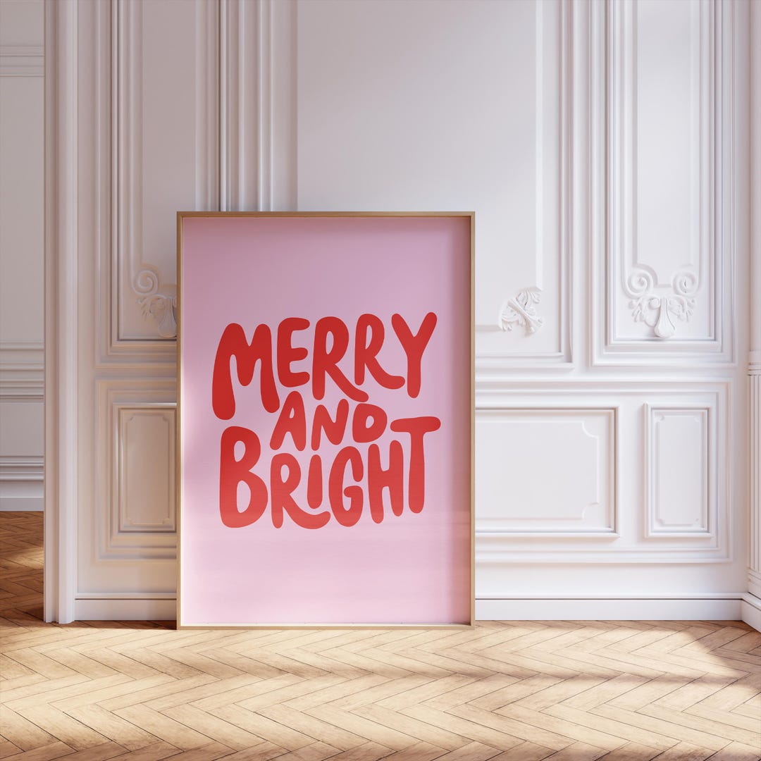 Preppy Merry and Bright Printable, Christmas Art Print, Red and Pink ...