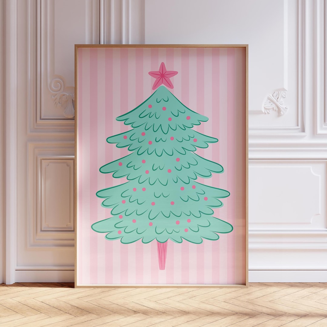 Preppy Christmas Tree Printable, Whimsical Christmas Art Print, Pink ...