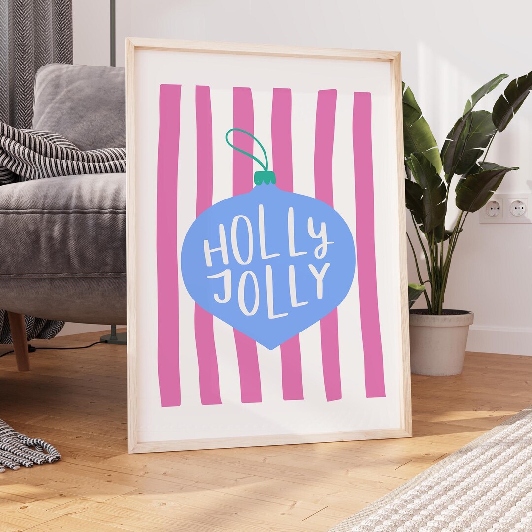 Pastel Christmas Printable Holly Jolly Print Pink Wall Art Trendy ...