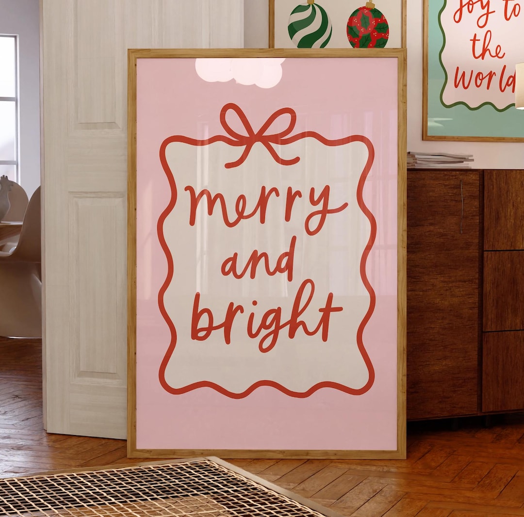 Preppy Merry and Bright Printable, Christmas Art Print, Red and Pink ...