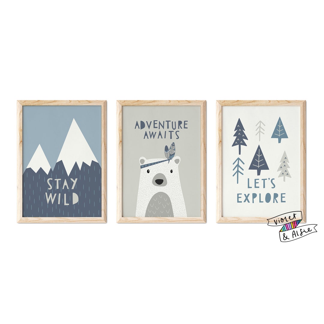 Adventure Awaits Typographic Print Set Unframed Set of 3 Scandi Nursery ...