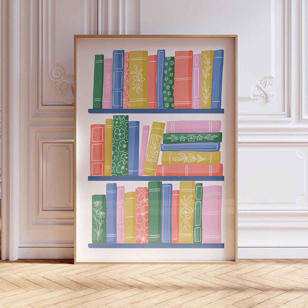 Bookshelf Print, Colourful Bookshelf Decor, Instant Download, Bookish ...