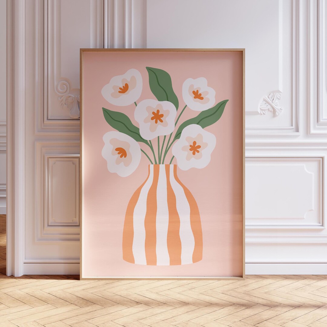 Flowers in Stripe Vase Print | Peach Botanical Art | Printable Download ...