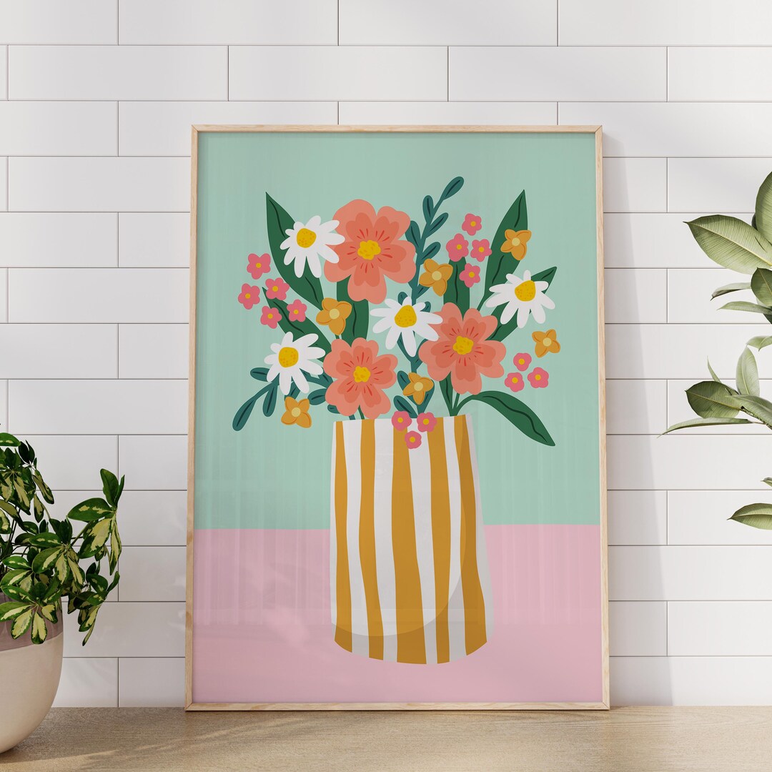 Spring Botanical Art Print, Flowers in Stripe Vase, Digital Art ...