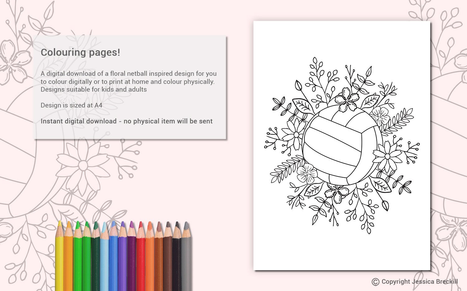 Floral NETBALL colouring page coloring page digital | Etsy