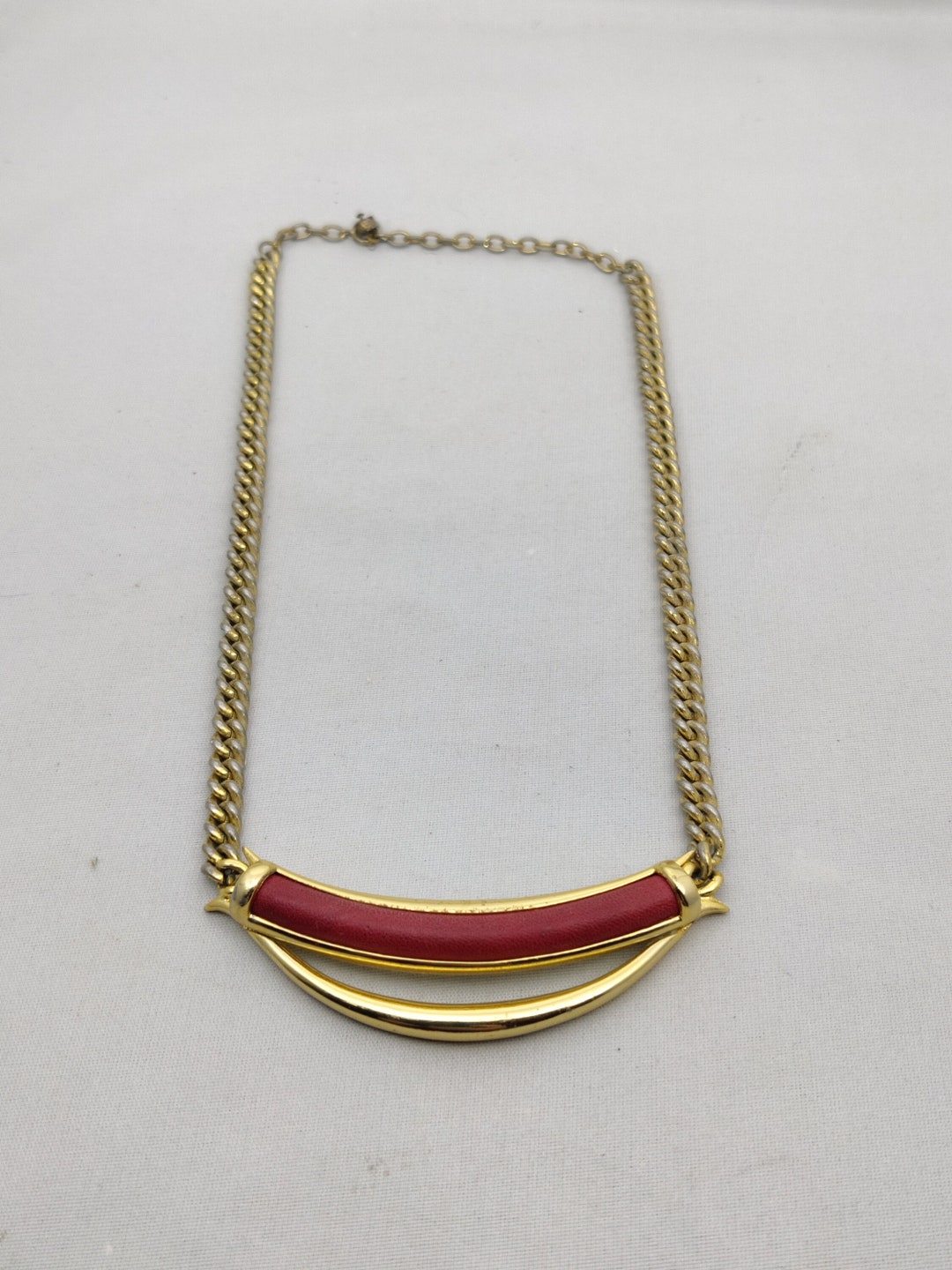 Signed ORENA PARIS Chain Necklace and Bib in Red Leather and Vintage ...