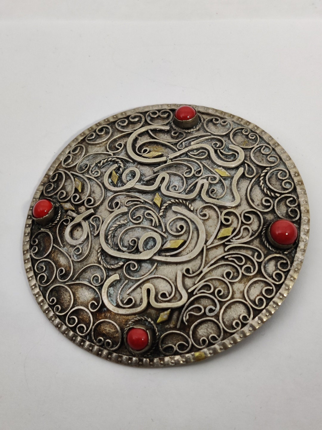 Oriental Vintage Brooch in Silver Metal and Red Jasper Adorned With ...