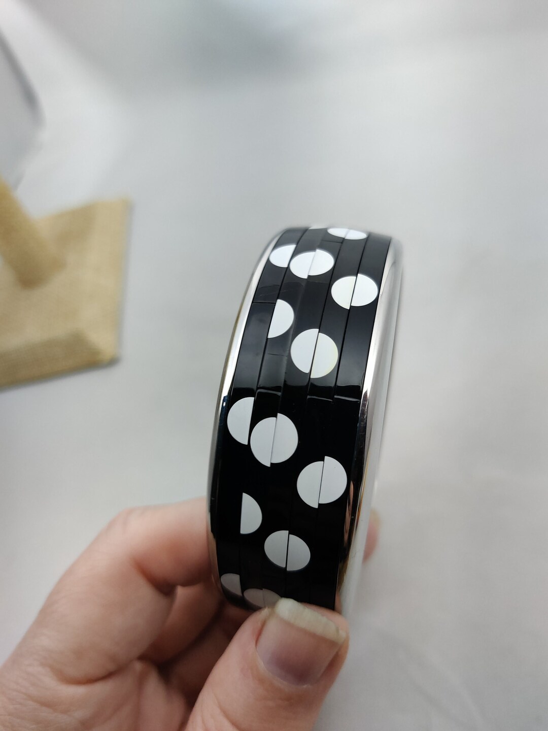 Signed SWATCH Closed Bangle Bracelet in Silver Metal and Black Resin ...