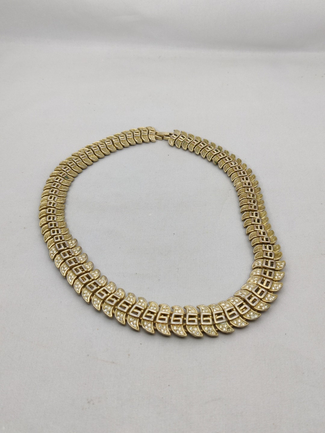 Signed BB Vintage Necklace in Patinated Gold Metal and Paved With ...