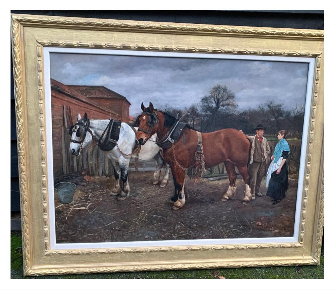 Victorian English 19th Century Farm Yard Scene With Shire Horses and a ...