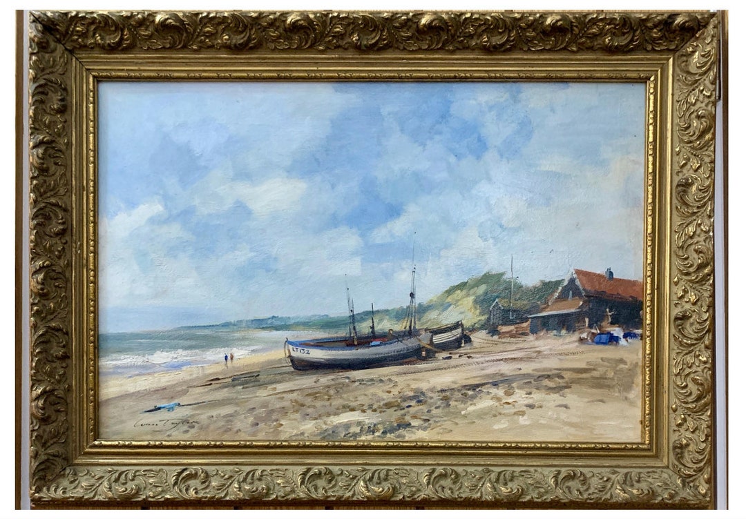 English Impressionist Beach, Shore Scene With Fishing Boats, Huts and ...