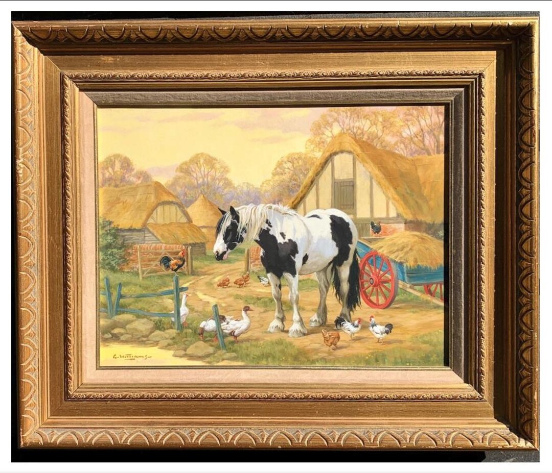 English Farm Scene With a Shire Horse, Chickens, Ducks and Thatched ...