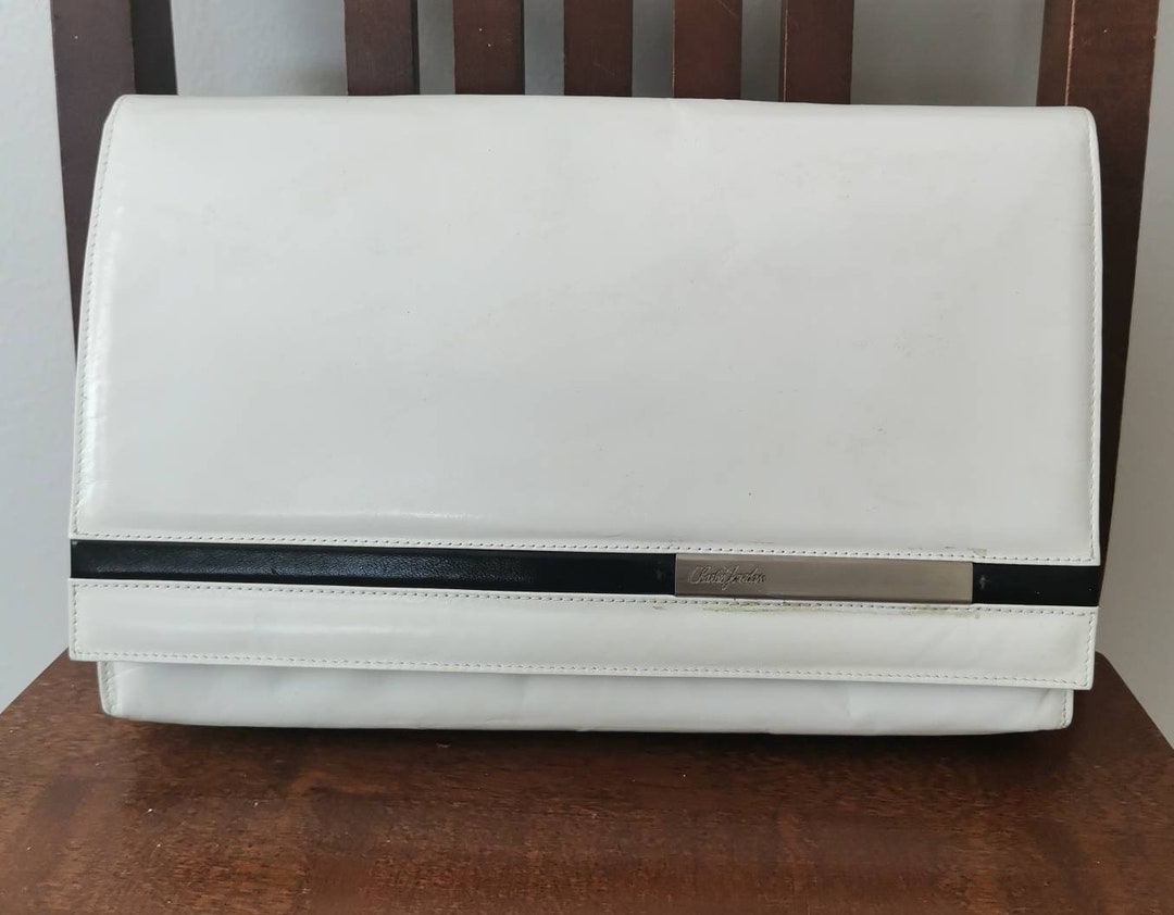 Fab Charles Jordan Lamb Leather White With Black Stripe Clutch. Chic ...