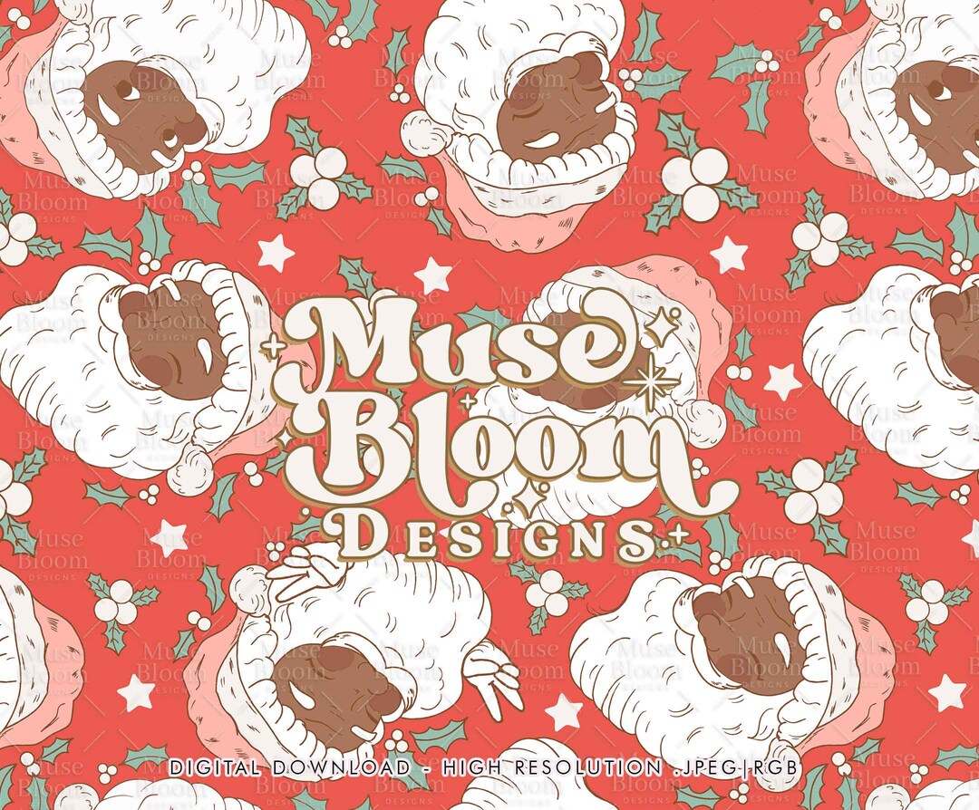 Vintage Retro Santa Dark Skin Classic Red Holidays Seamless Pattern ...