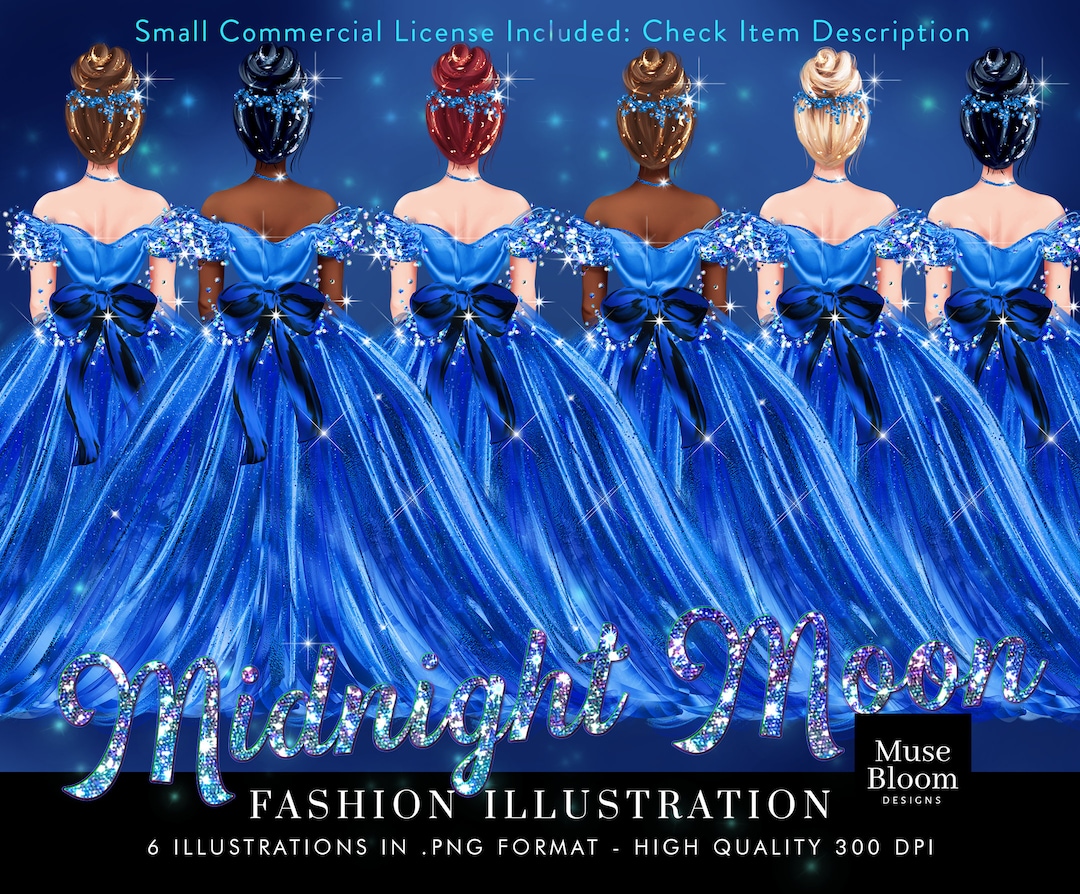Midnight Moon Haute Couture Fashion Illustration Dark Blue Ball Gown ...