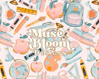 Pastel Pink Back to School Seamless Digital Paper, Floral Book Seamless ...