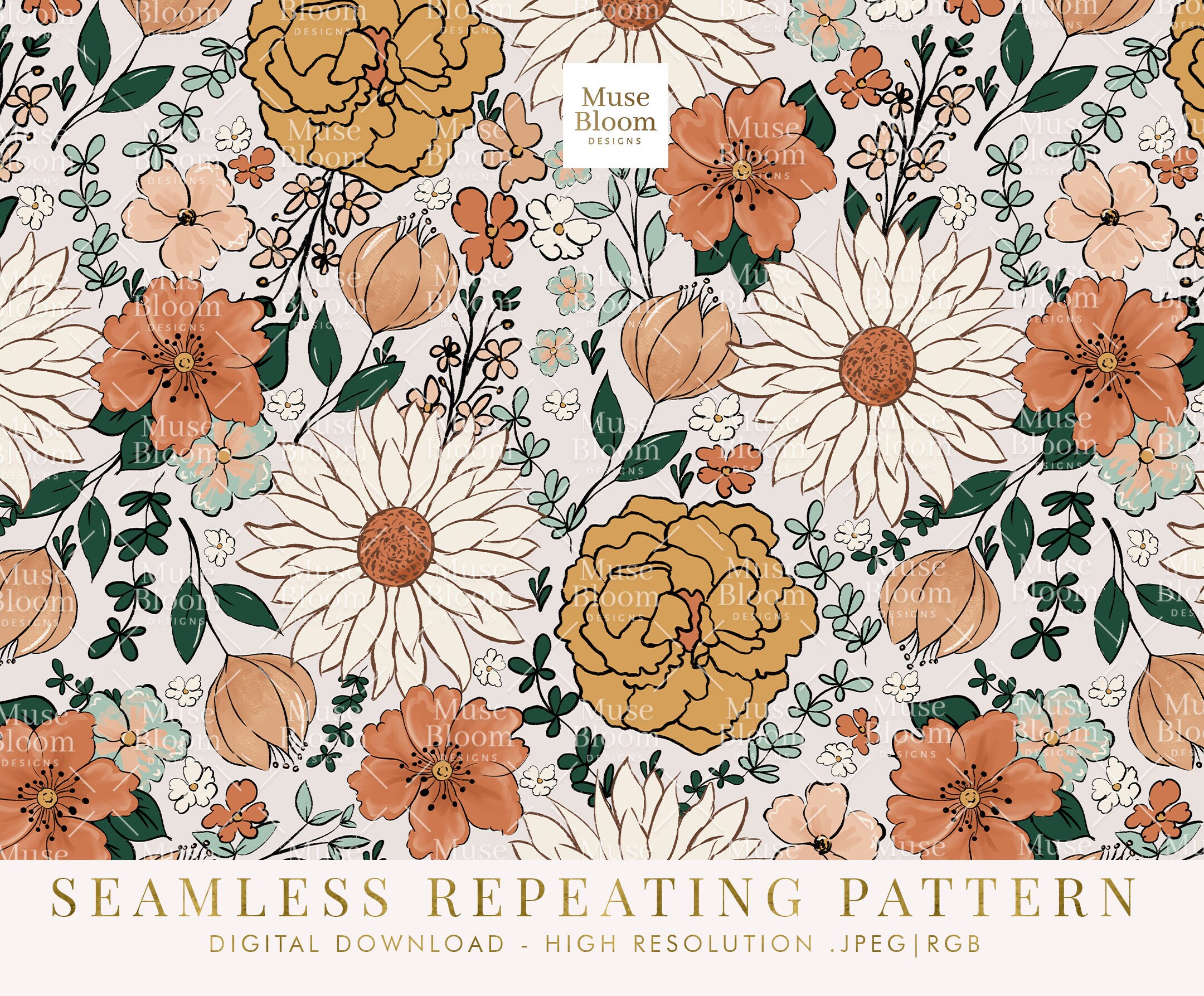 Boho Retro Flowers Floral Repeating Seamless Pattern Design - Etsy