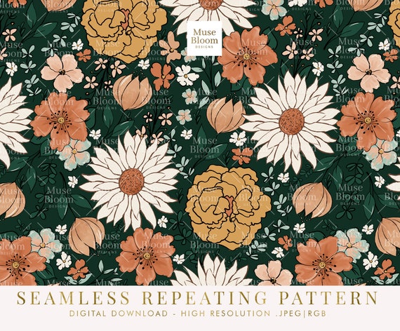 Dark Green Boho Retro Floral Digital Seamless Pattern for - Etsy