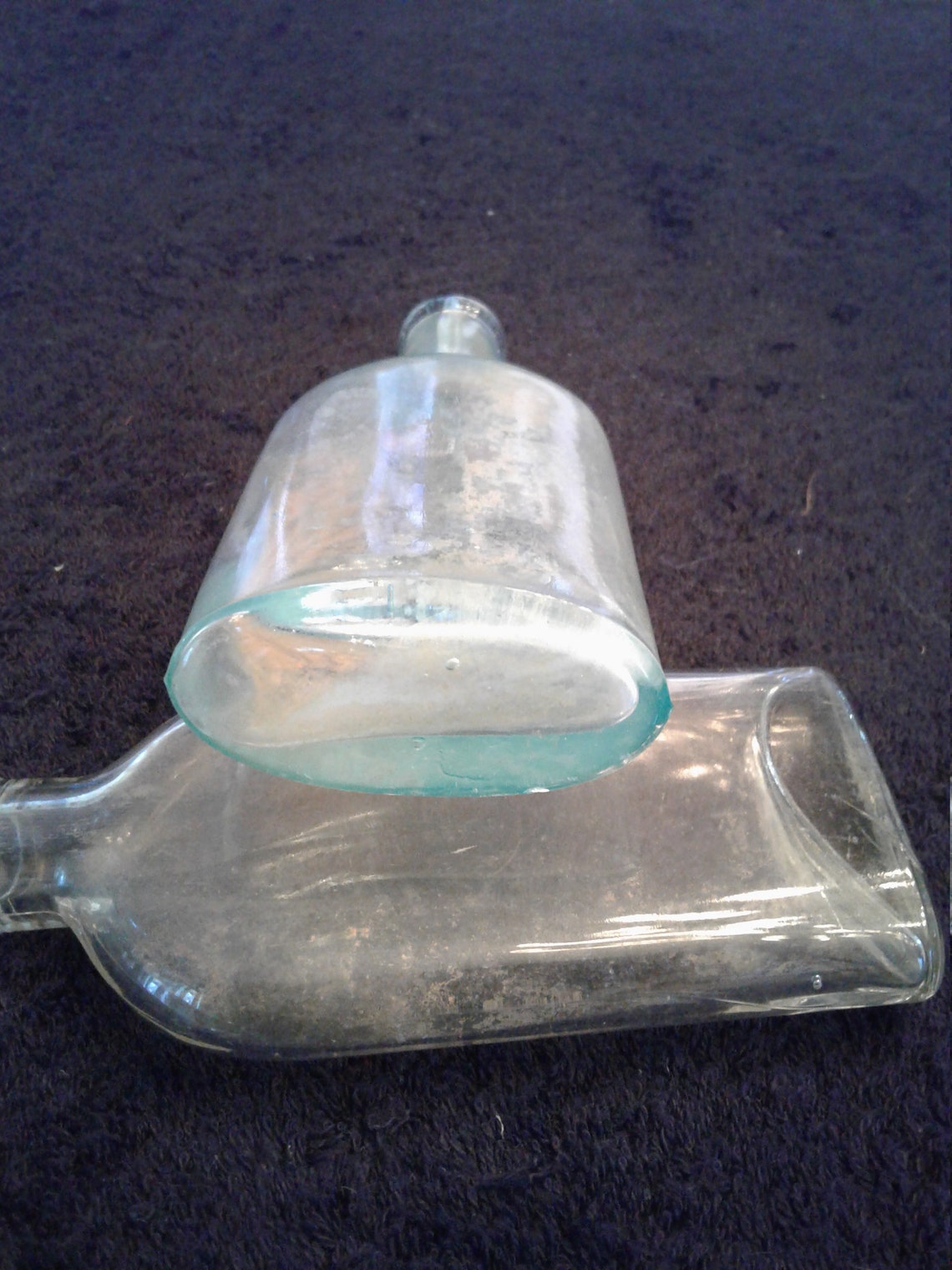 Three Antique Flask Bottles, Two Clear, One Blue, Two Owens Illinois ...