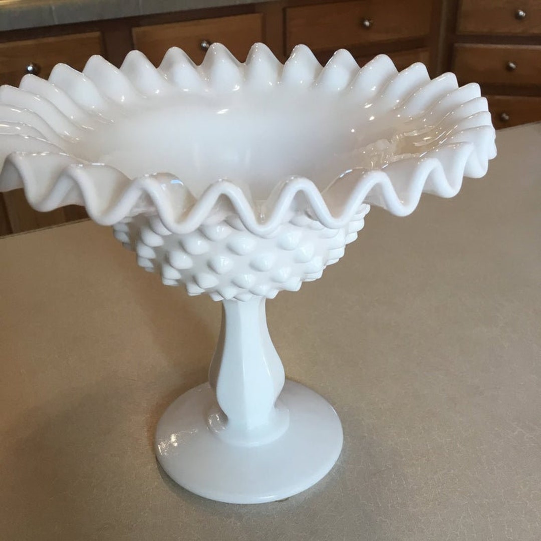 Vintage Fenton Milk Glass Compote, Hobnail Pattern, Ruffled Rim, Small ...