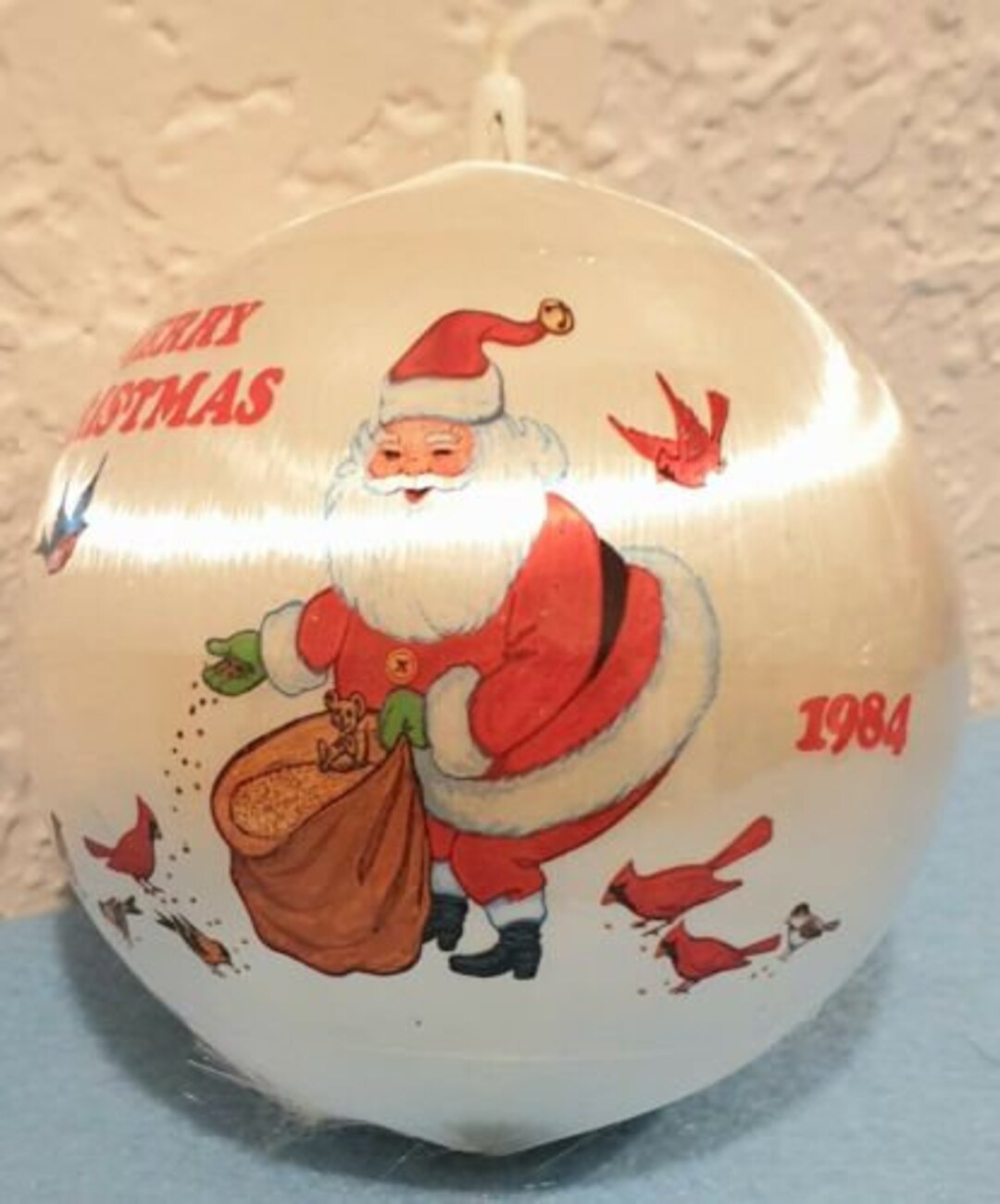 Vintage Christmas Ball, "santa Feeding Song Birds 1984," Satin, Non ...