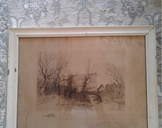 Vintage G.H. Randall Etching, "the Old Stone Bridge," Signed, Old Wood ...