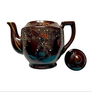 Vintage Relco Brown Betty Teapot, Redware, Ceramic, Moriage Style Paint ...