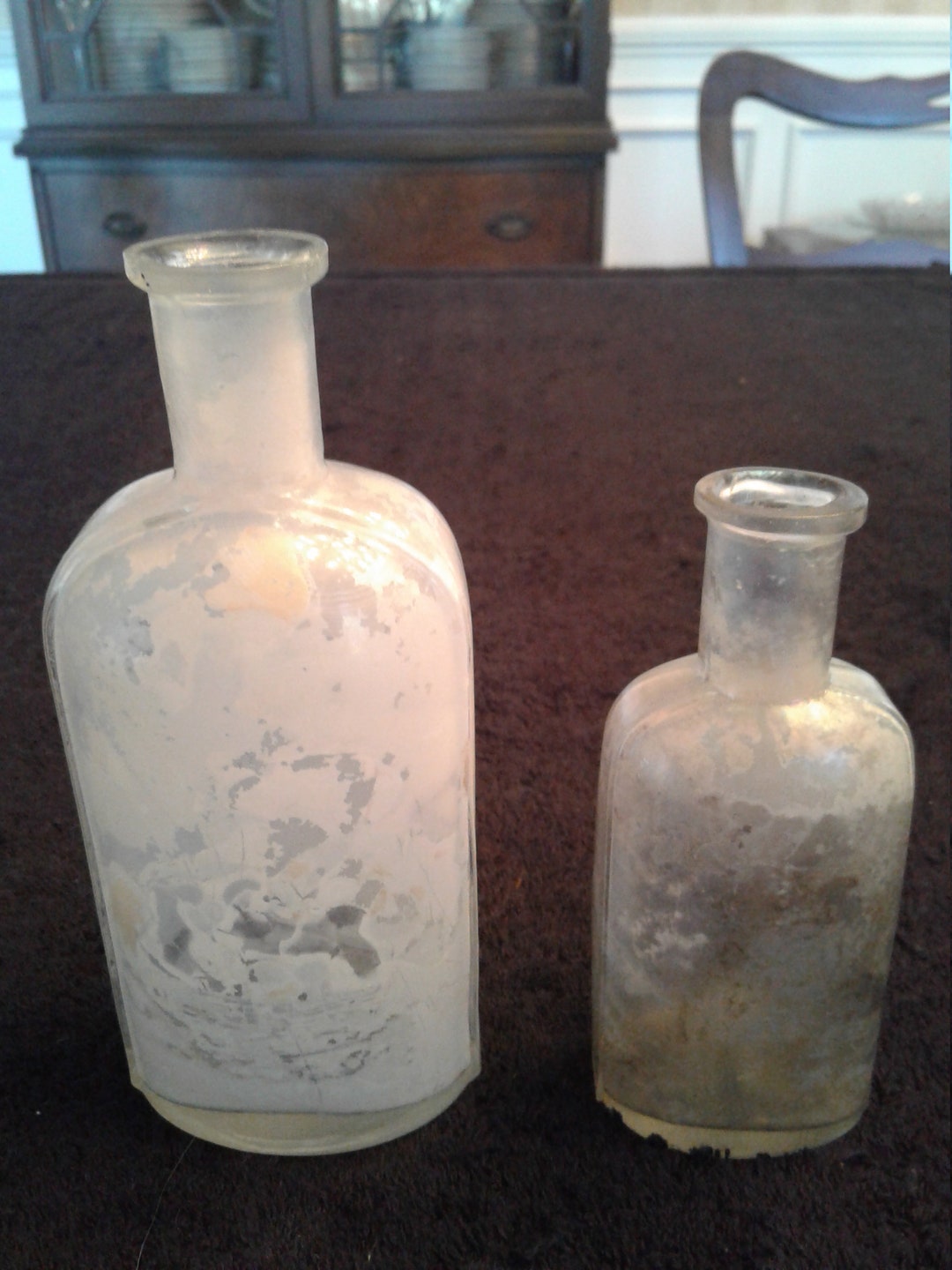 Two Antique Side-strap Flared-lip Bottles, Clear Glass, No Hallmarks, 5 ...