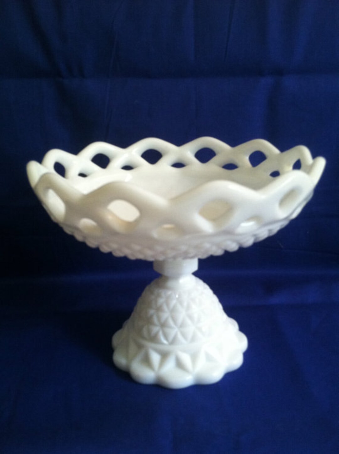 Vintage Compote, Milk Glass, Diamond Pattern, Open-work Lace Rim, 5 1/2 ...