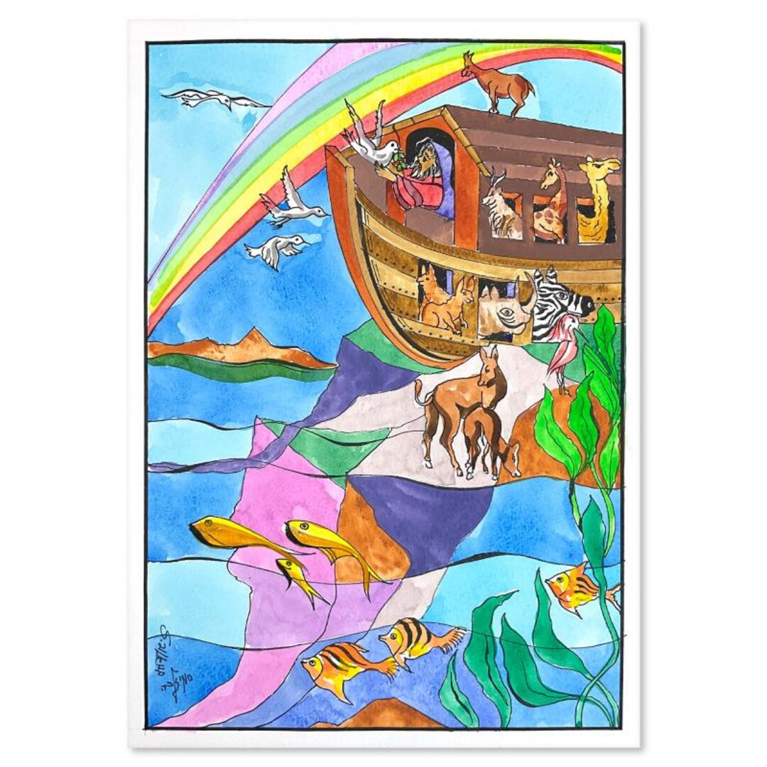 Sami Zilkha, noah's Ark One-of-a-kind Hand Watercolored Mixed Media ...