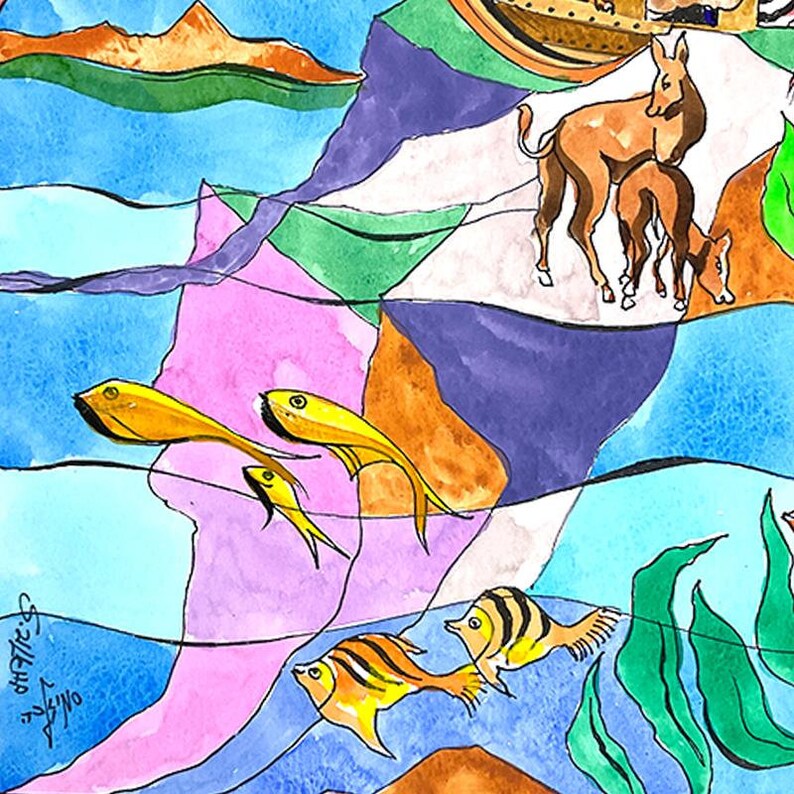 Sami Zilkha, noah's Ark One-of-a-kind Hand Watercolored Mixed Media ...