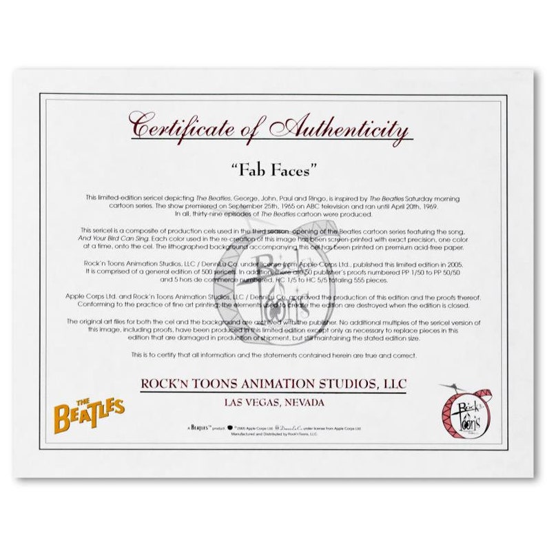 The Beatles, "fab Faces" Limited Edition Sericel, From an Edition of ...