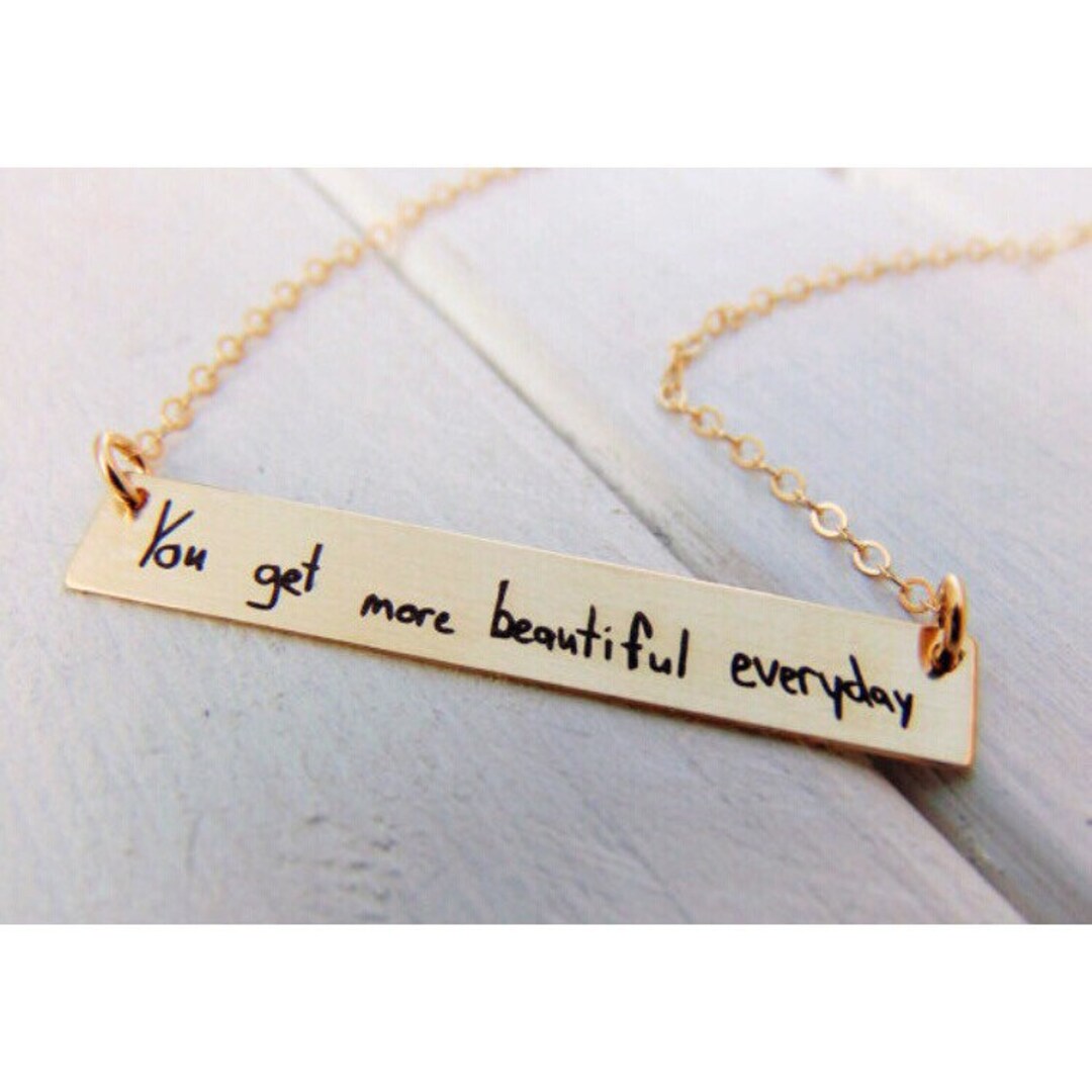 Handwritten Jewelry 14k Solid Gold Personalized Bar Necklace Horizontal ...