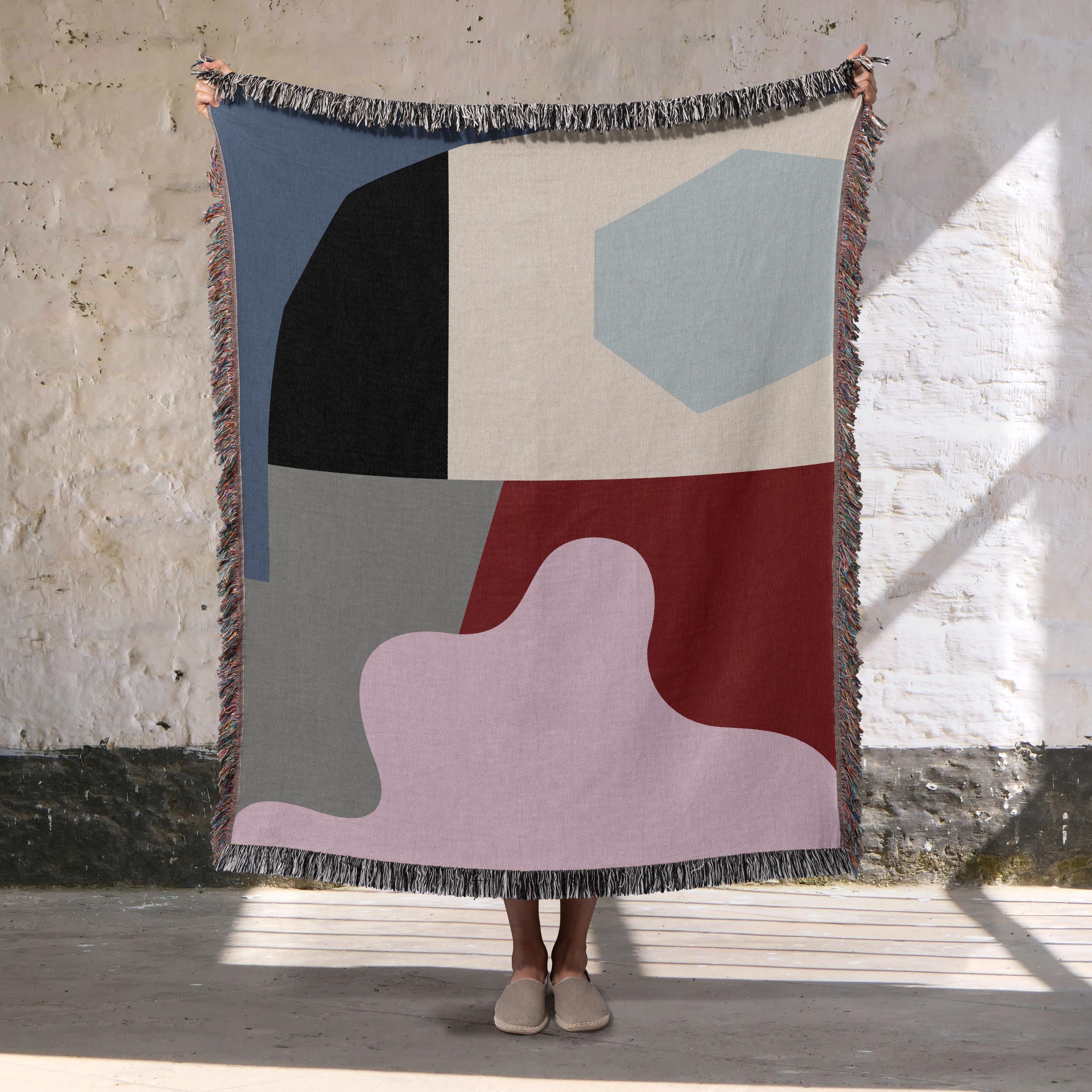 Woven Blanket With Color Blocked Abstract Shapes, 100% Cotton Jacquard ...