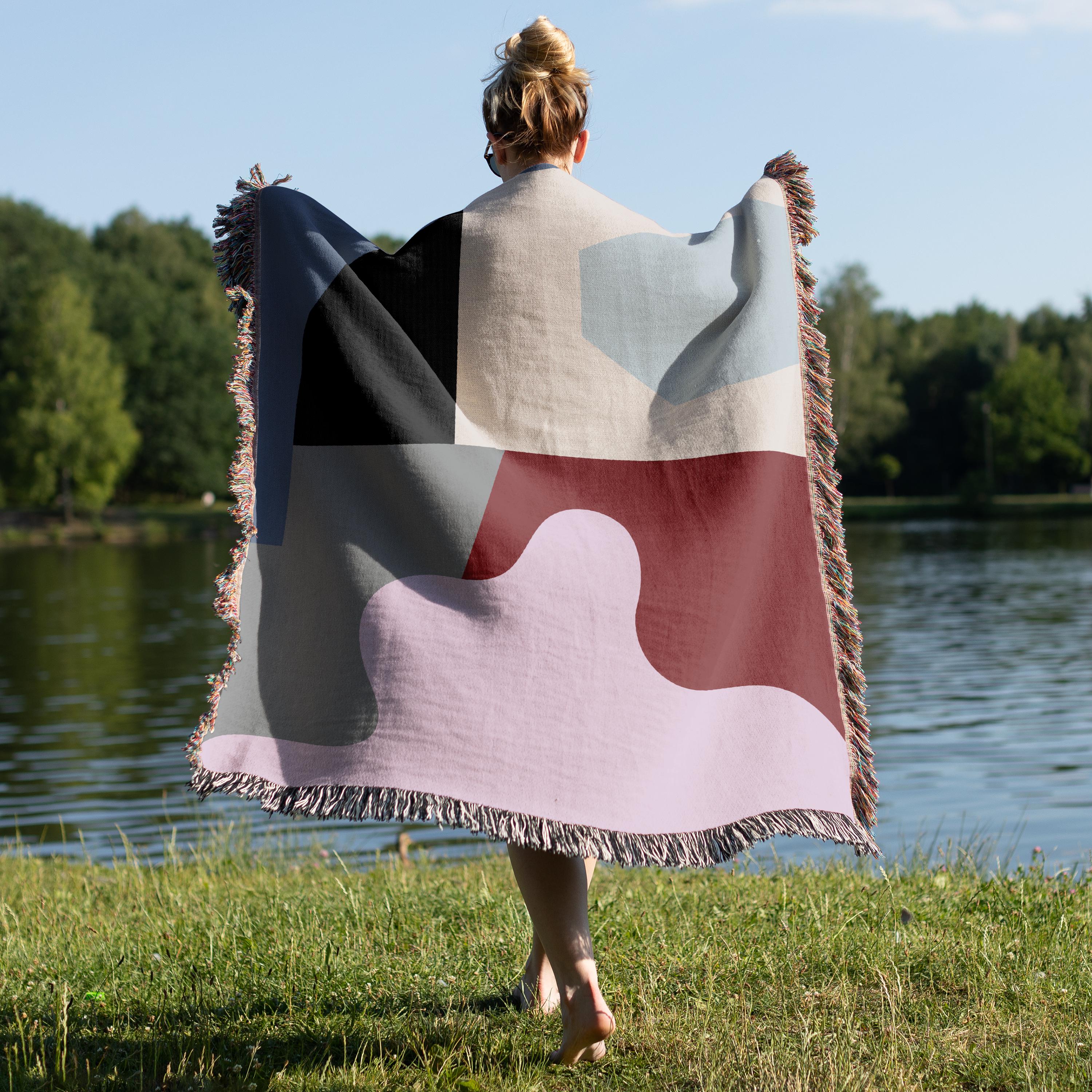 Woven Blanket With Color Blocked Abstract Shapes, 100% Cotton Jacquard ...